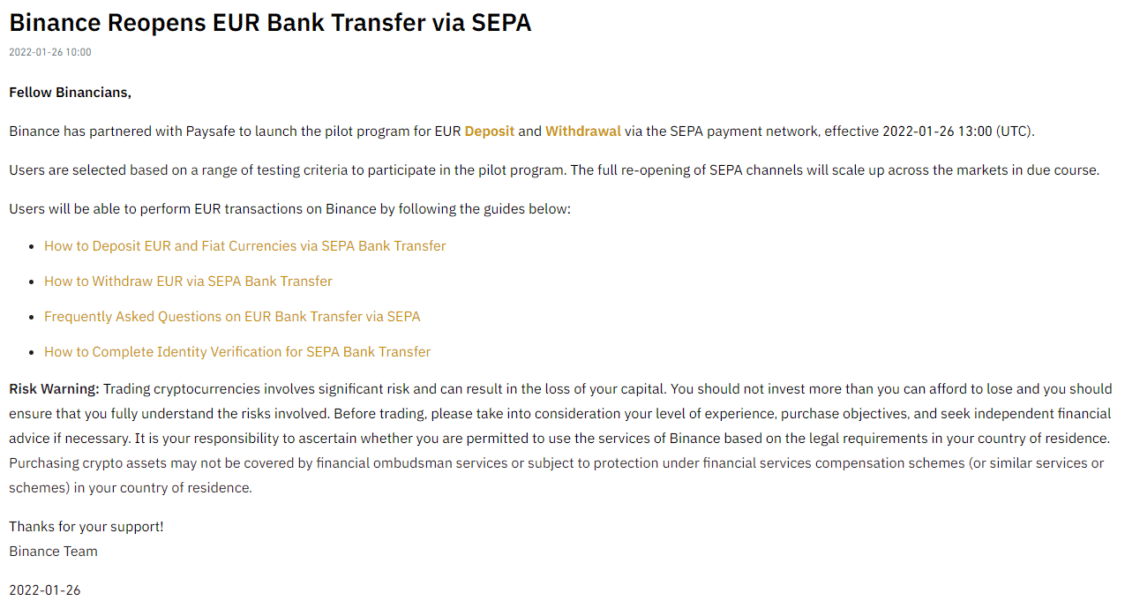 Binance habilita nuevamente las transferencias de euros con SEPA
